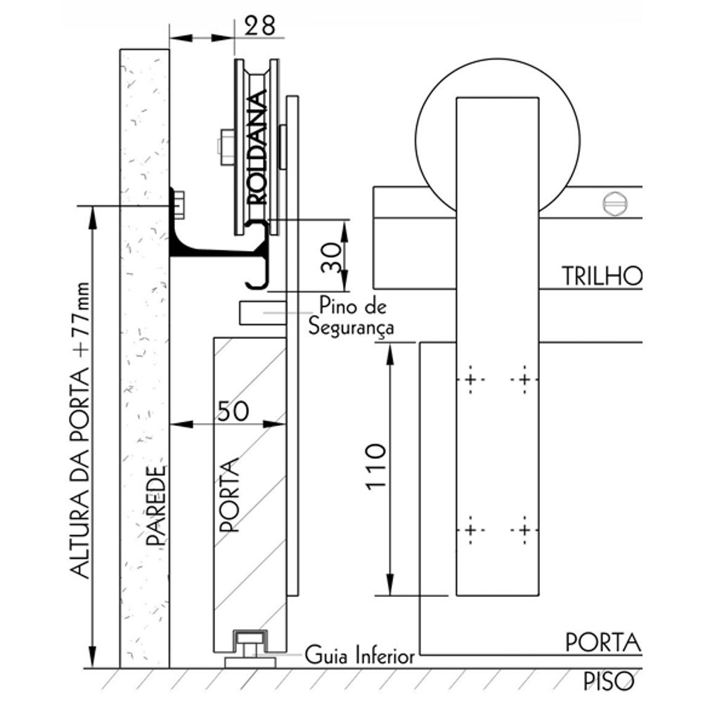 Kit Aparente para Porta de Correr 2 m Preto 01 Porta (50 Kg) - Gasometro