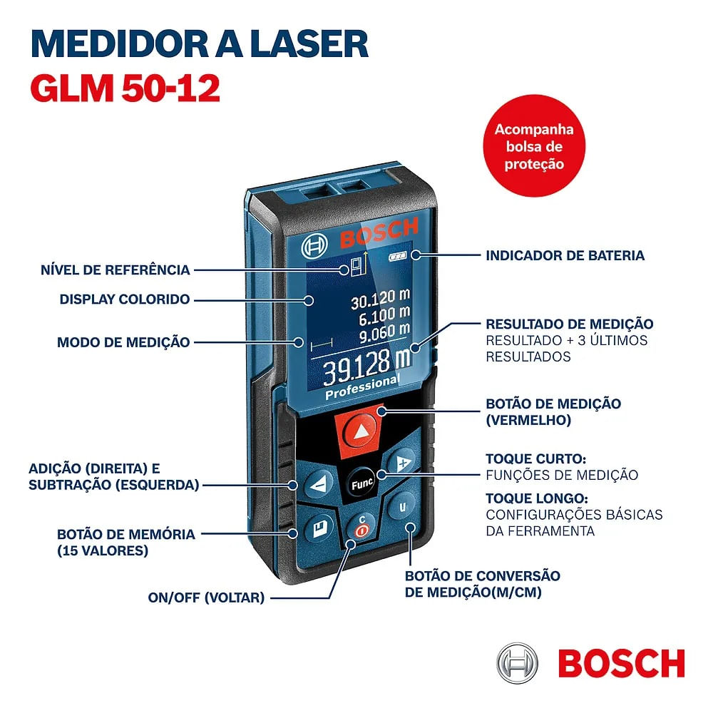 Trena à Laser Profissional Alcance 50m GLM 50-12 Bosch - Gasometro
