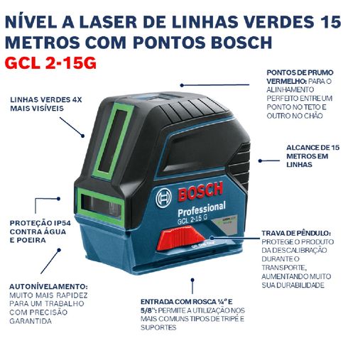 Nível Laser Verde Profissional Alcance 15m com Pontos de Prumo e Suporte GCL 2-15G Bosch - Gasometro